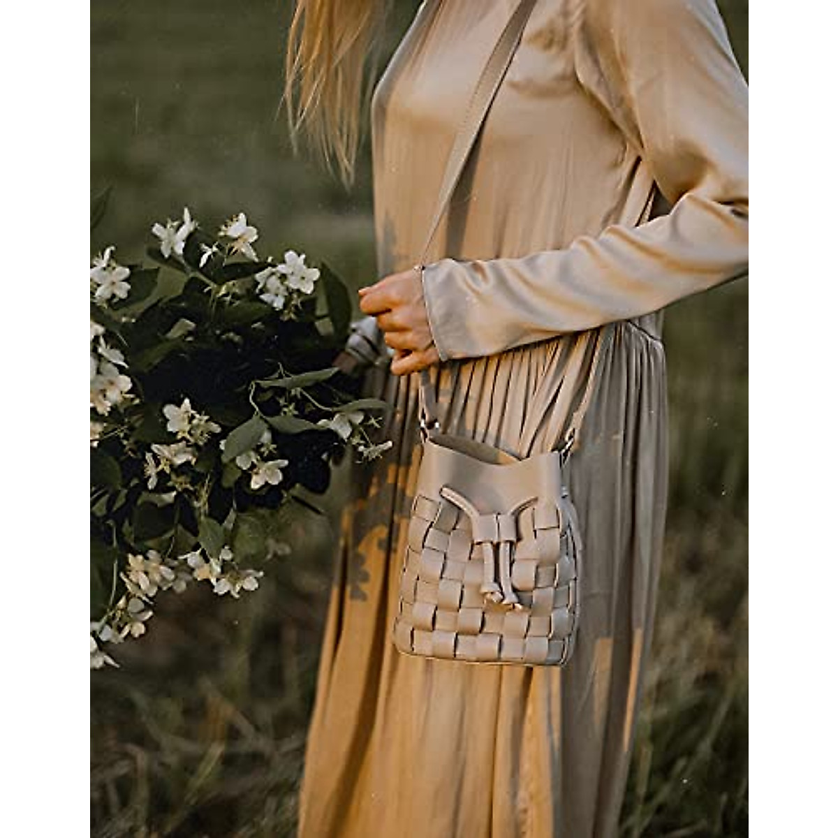 TIJN Woven Bucket Bag for Women Luxury Satchel Handbag with Vegan Leather Crossbody Bag,Cream(Ailin)