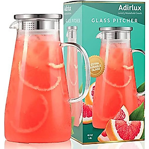 Glass Pitcher with Stainless Steel Lid - 1.8L / 60 oz Glass Jug - Hot & Cold Beverages - Lemonade, Juice, Iced Tea, Milk, Coffee - Heat Resistant Glass - Handle & Spout Carafe - Premium Gift Box