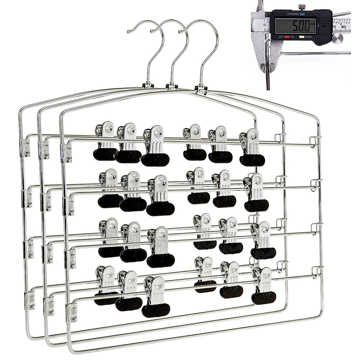 3 Quality Multi Pants Hangers, Real Heavy Duty, Space-Saving Multi-Bar Metal Hangers, Stable with Non-Slip Foam Padding, Swivel Hook for 5 Jeans Each, Suit Pants, Scarves, Towels, Trousers (Pants, 3)