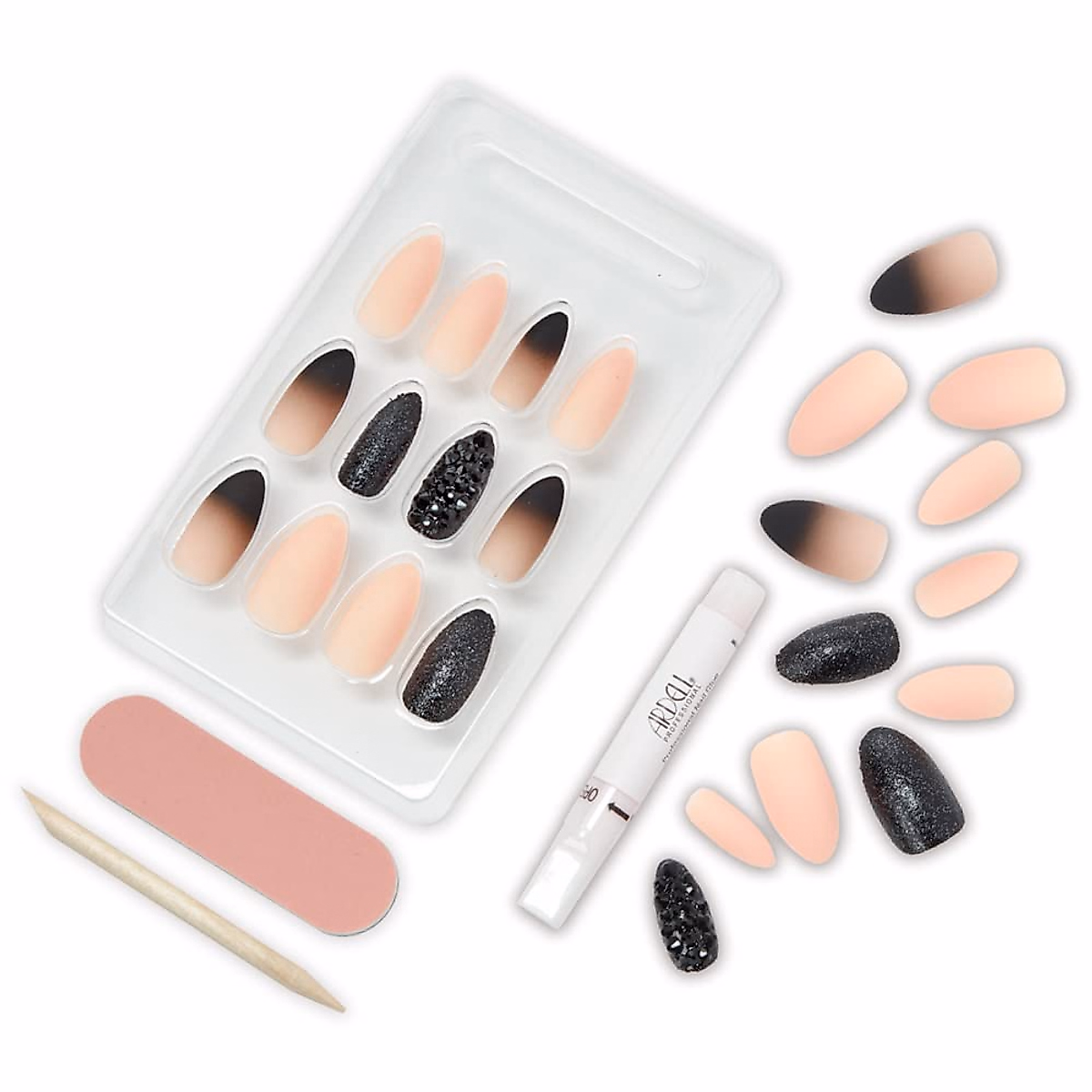 Ardell Nail Addict Premium Press On Nails - 24 False Nails Black Stud & Pink Ombre Jeweled And Matte, Reusable Artificial Acrylic Nail Kit for DIY Manicure