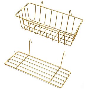 GBYAN Hanging Basket Straight Shelf Gold Flower Pot Display Holder for Wire Wall Grid Panel, 2 Pack