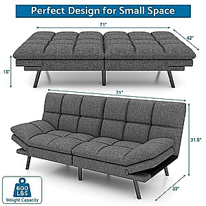 LIFERECORD Futon, Loveseat Memory Foam Convertible Sleeper Adjustable Armrest&Backrest, Sofa Bed Couches for Bedroom, Small Spaces, Grey