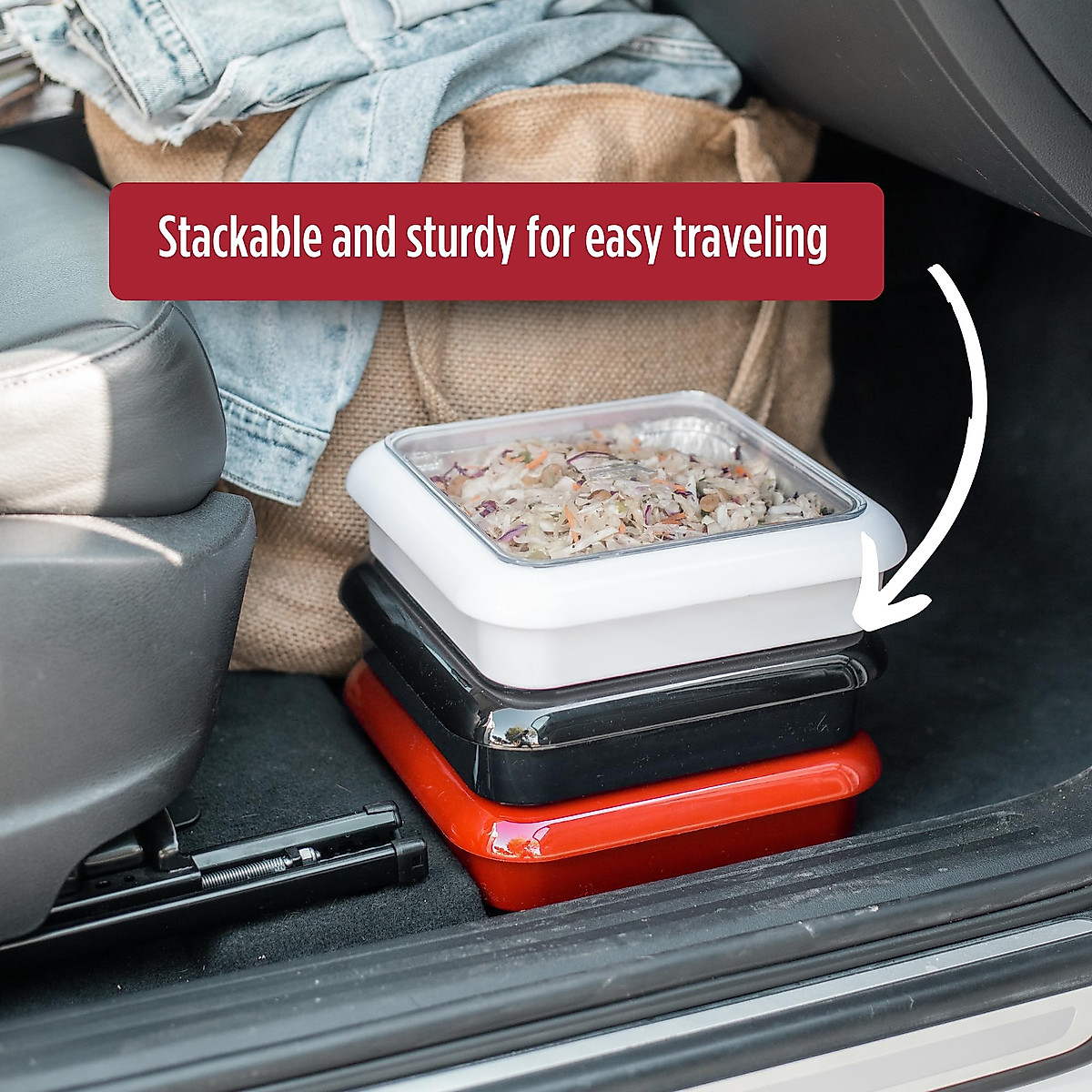 Fancy Panz, Serving Tray for Food, Made in the USA Foil Pan Carrier, Stackable Aluminum Pan Holders, 8x8 Travel Casserole Carrier With 1 Disposable Foil Pan & Serving Spoon, Red