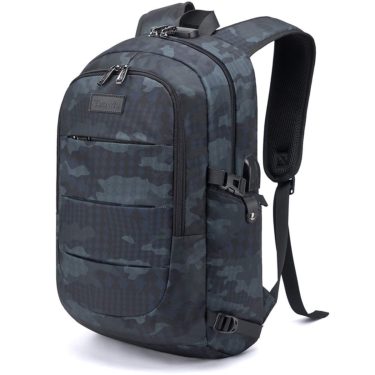 Tzowla Anti-Theft Business Laptop Backpack, Water Resistant, 15.6 Inch, Navy Blue Camo, Unisex