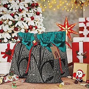 Teal Gray Rose Flowerchristmas Drawstring Gift Bag, Linen Drawstring Gift Bag, Reusable Drawstring Gift Bag, Used For Christmas, Birthday, Wedding Supplies