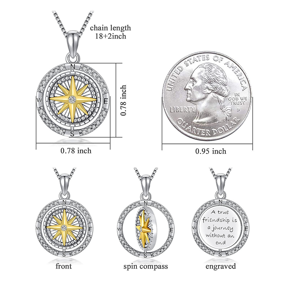 Friendship Necklace Sterling Sliver Compass Necklace for Women -Best Friend Birthday/graduation Gifts for Women
