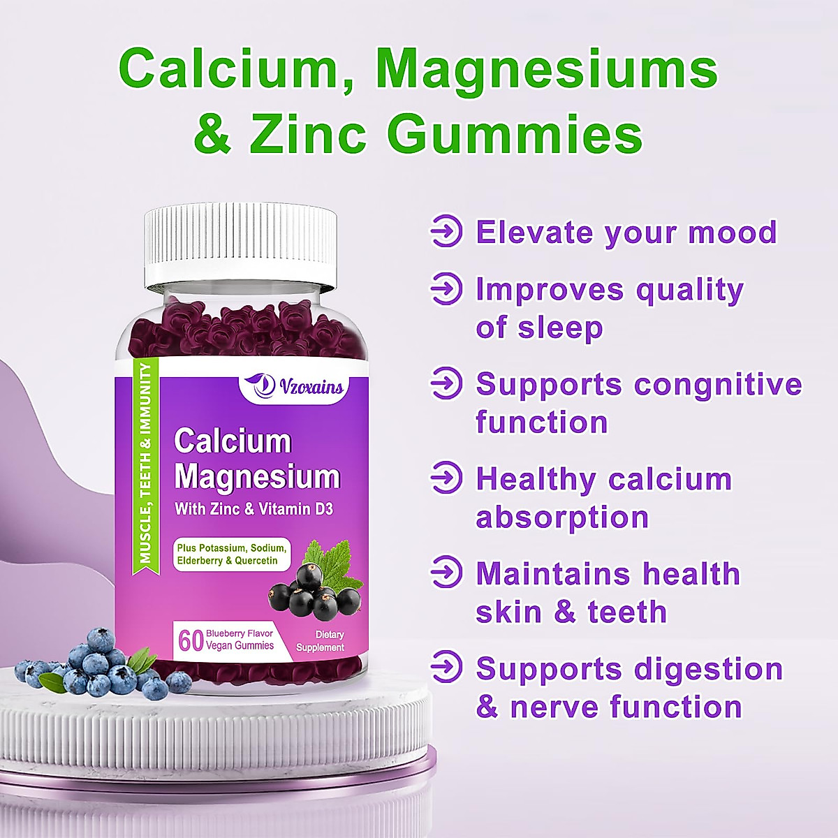 High Absorption Calcium Magnesium Zinc Gummies, Sugar Free Calcium Magnesium Supplement with Potassium Vitamin D3 for Bone & Teeth Strength, Muscle Function - Vegan, Blueberry Flavor 120 Cts