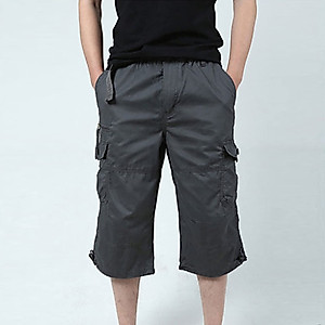 Men's Relaxed Fit 3/4 Cargo Shorts Twill Elastic Waist Multi Pocket Capri Pants Casual Loose Fit Below Knee Short (Grey,Medium)