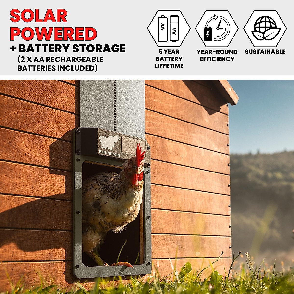 RUN-CHICKEN Door (Gray) Solar Chicken Coop Door, Battery Powered Automatic Chicken Coop Door, Programmable Electric Chicken Door with Timer, Light Sensor, Solar Powered, Eternal