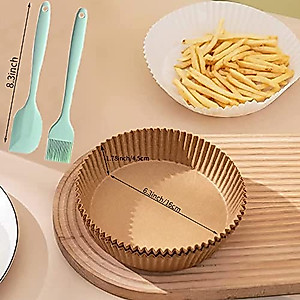 100 Pcs Air Fryer Disposable Paper Liner, Basting Brush and Silicone Spatula, Instant Pot Oven Insert Parchment Sheets, Non-stick Parchment Paper for Baking Cooking,6.3inch