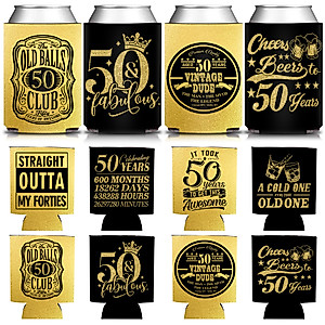 KARAQY 12 Pcs 50th Birthday Party Can Coolers - Black and Gold Cheers to 50 Years Can Sleeves, Happy 50th Birthday Decorations for Men Women 50th Birthday Party Supplies