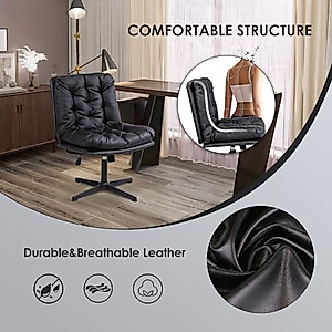 Chummaven High-Back Armless Home Office Chair No Wheels,Pu Leather Office Desk Chair Thick Swivel Rocking Vanity Chair Adjustable Computer Task Chair for Make Up,Small Space,Bedroom,Black