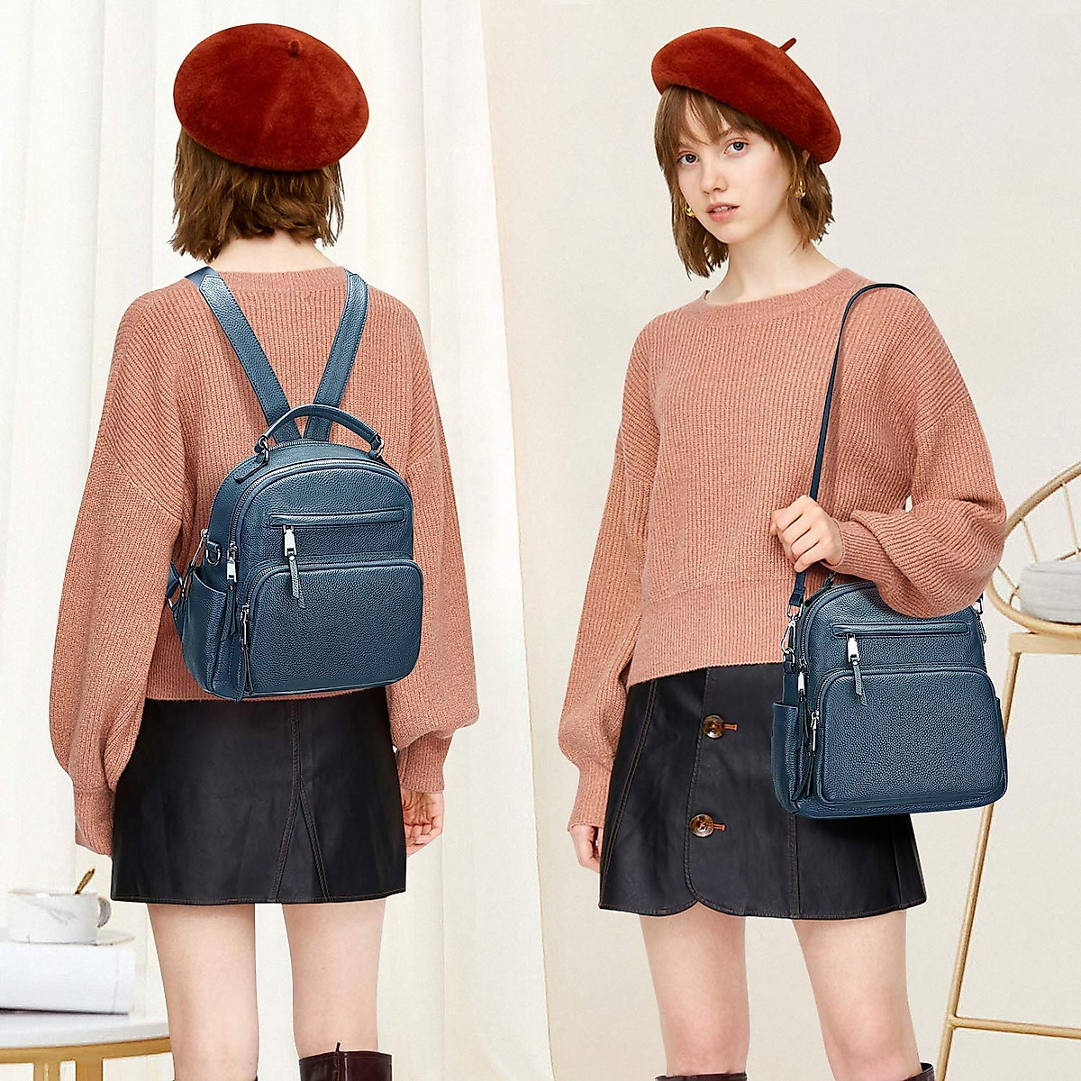 ALTOSY Genuine Leather Backpack for Women Small Convertible Backpack Purse Ladies Shoulder Bag 4 in 1 to Carry