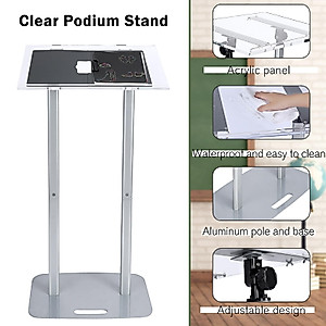 Kigley Acrylic Podium Stand Clear Podium Lectern 43.3'' Tall Floor Standing Speaking Podium with Adjustable Angle 30°-90° Slanted Top Silver Aluminum Body Base for Church Office School Speech Concert