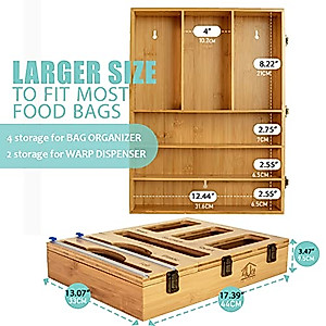 4UKIT Ziplock Bag Storage Organizer Bamboo 6 in 1- Plastic Wrap and Foil (12,4" Roll) Dispenser with Cutter-Suitable for Snack, Gallon, Quart & Sandwich Bag- Kitchen,Pantry,Cabinet,Drawer Organizer