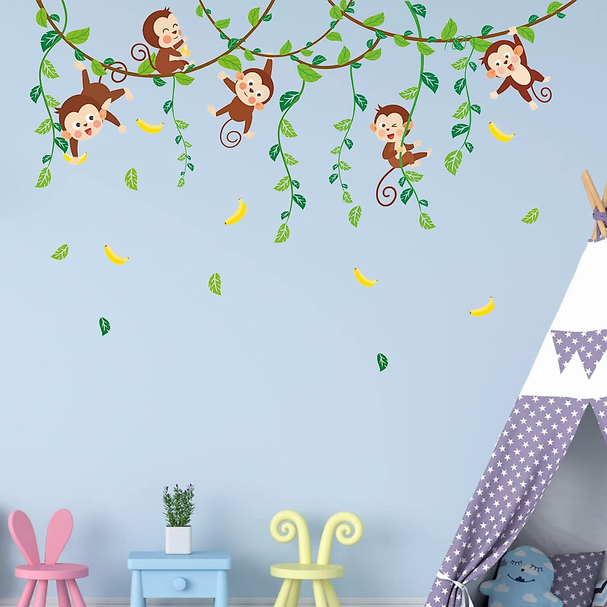 Runtoo Monkey Wall Stickers Jungle Animals Wall Decals Tree Kids Bedroom Baby Nursery Classroom Wall Decor