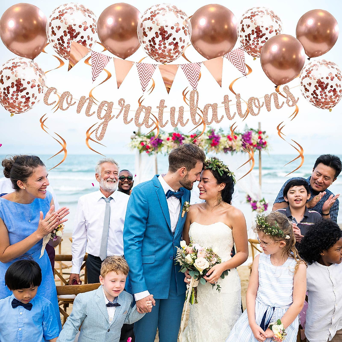 Rose Gold Congratulations Decorations Set Congratulations Banner,Pennant,Star Circle Dots Garland,Hanging Swirls.Baby Shower,Graduation,Retirement,Wedding,Birthday,Anniversary Party