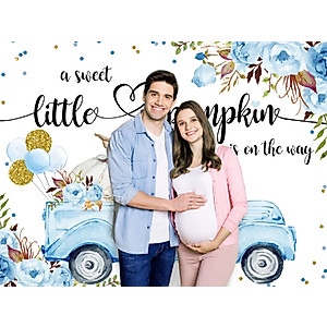 Aperturee Little Pumpkin Baby Shower Backdrop 7x5ft A Little Sweet Pumpkin is On The Way Blue Floral Truck Balloons It's a Boy Photography Background Fall Autumn Party Decorations Banner Photo Booth
