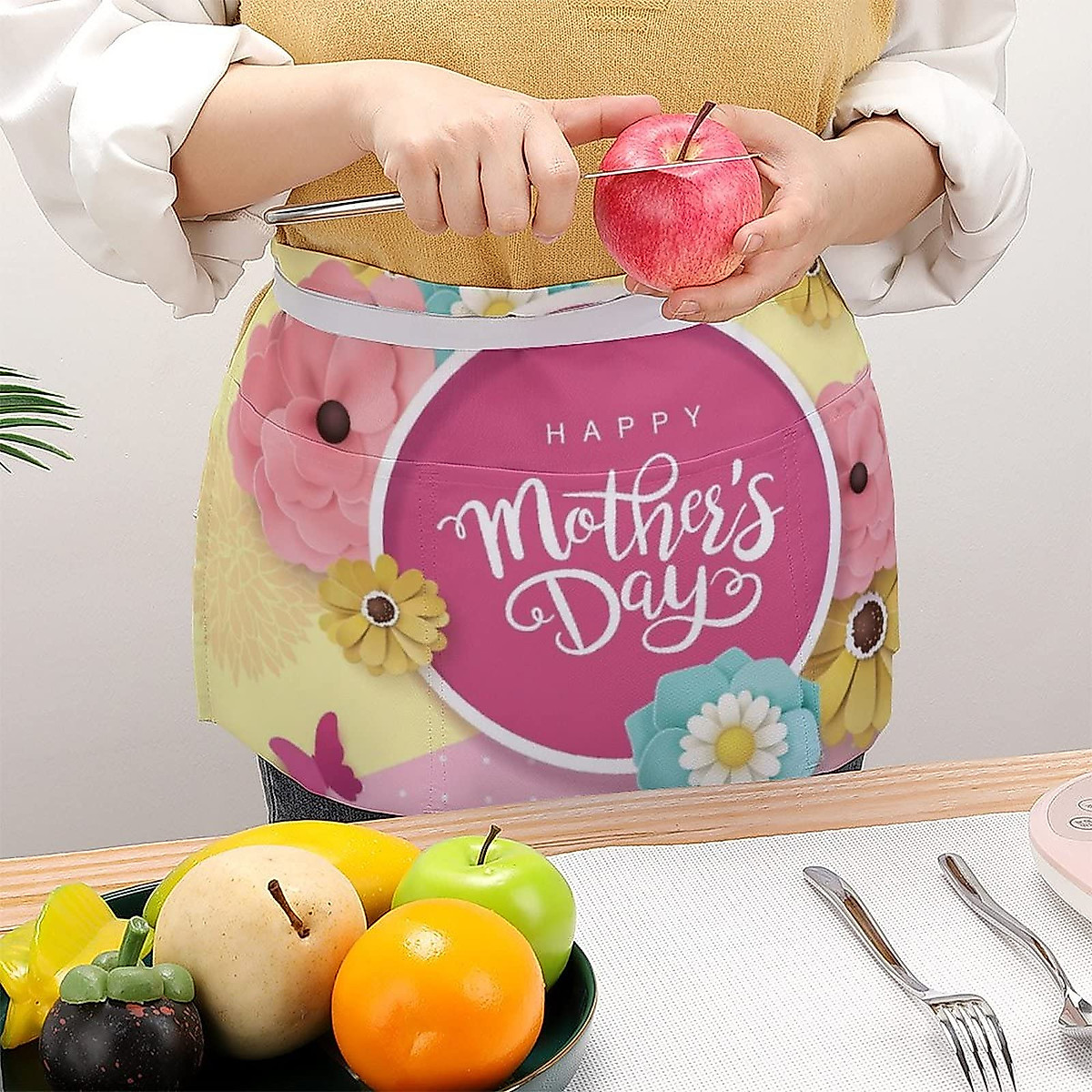 ZGVDVZ Happy Mother's Day with Flower Apron With 3 Pockets For Aldult Kitchen Chef Aprons For Cooking Baking Gardening