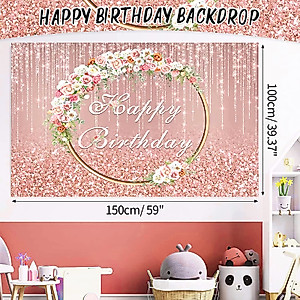 Floral Happy Birthday Decorations Women, 125PCS Rose Gold Flower Birthday Party Supplies Including Happy Birthday Backdrop, Balloon Arch/Garland Kit, Birthday Tabblecloth for Girls