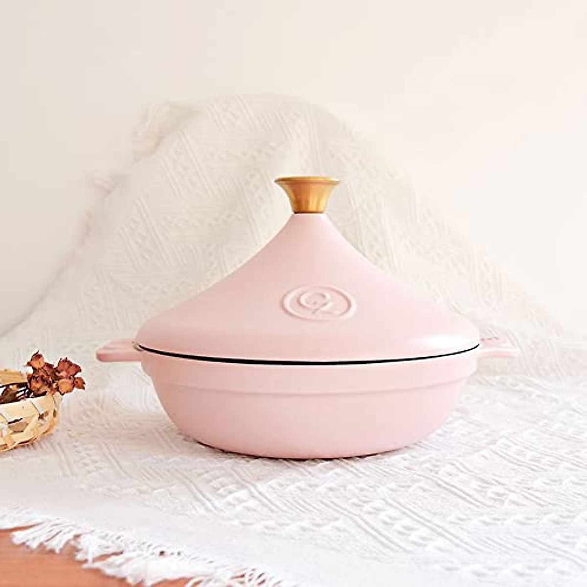 2.6L Moroccan Tagine, Enameled Cast Iron Cooking Pot, Tajine Pot with Cone-Shaped Closed Lid for Stew Casserole Slow Cooker Cookware (Matte Pink)