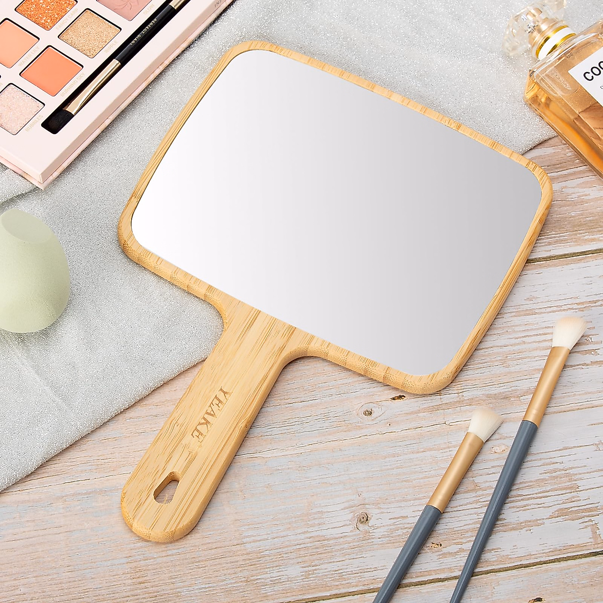 YEAKE Hand Mirror,Natural Bamboo Handheld Mirror with Handle, Single-Sided Portable Travel Vanity Mirror for Men & Women,6.9" W x 9.9" L