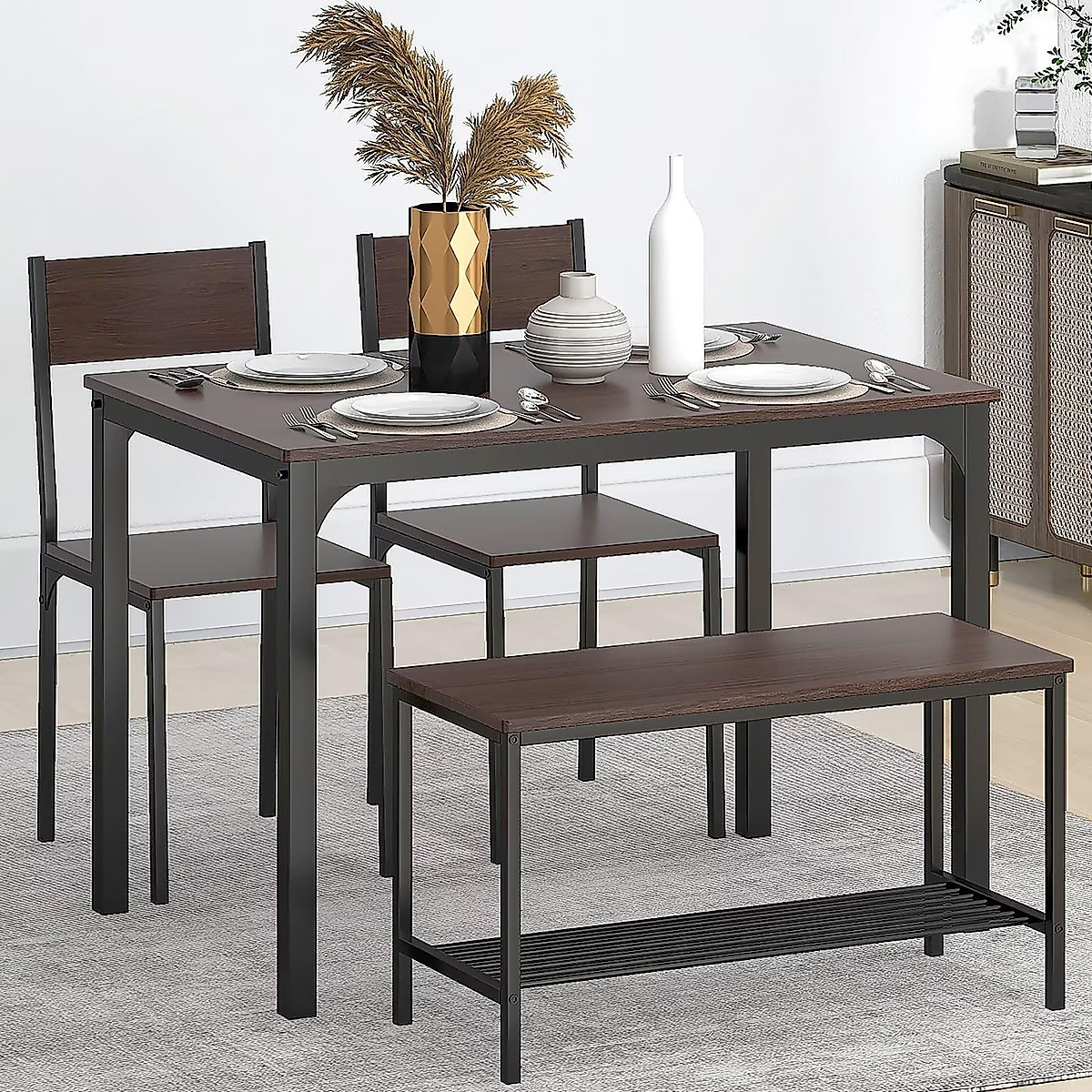 SogesGame Dining Table Set for 4, 43" Dining Room Table with Bench and 2 Chairs, 4 Pieces Modern Kitchen Table Set for Breakfast Nook, Dinette, Kitchen and Dining Room, Dark Walnut