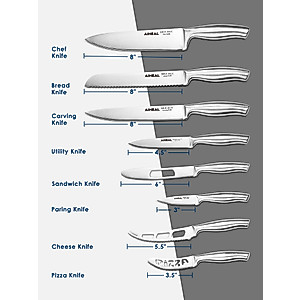 Aiheal 17PCS Stainless Steel Knife Set with Clear Knife Block, No Rust and Super Sharp Kitchen Knife Set in One Piece Design with Knife Sharpener for Kitchen, Steak Knives Set