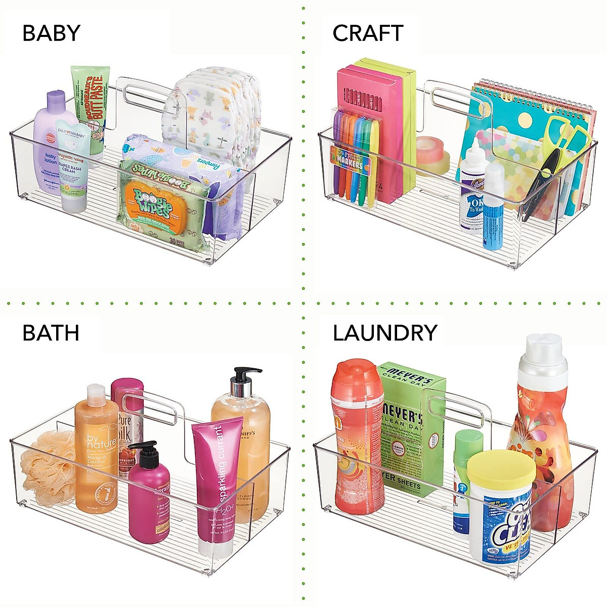 mDesign Large Plastic Divided Portable Storage Organizer Caddy Tote Basket Bin with Handle for Kitchen, Pantry, Countertop, Cabinet, Cupboard - Ligne Collection - Clear