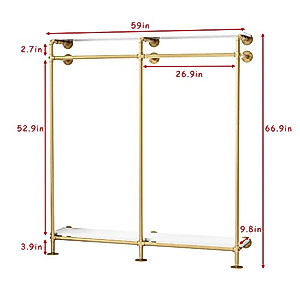 IronJiaZu Gold Pipe Clothes Racks with 2 Shelves, Industrial Pipe Gold Clothing Rack with Double Hanging Rods, Heavy Duty Wall Mounted Clothing Rack Rod for Closet Storage, Bedroom