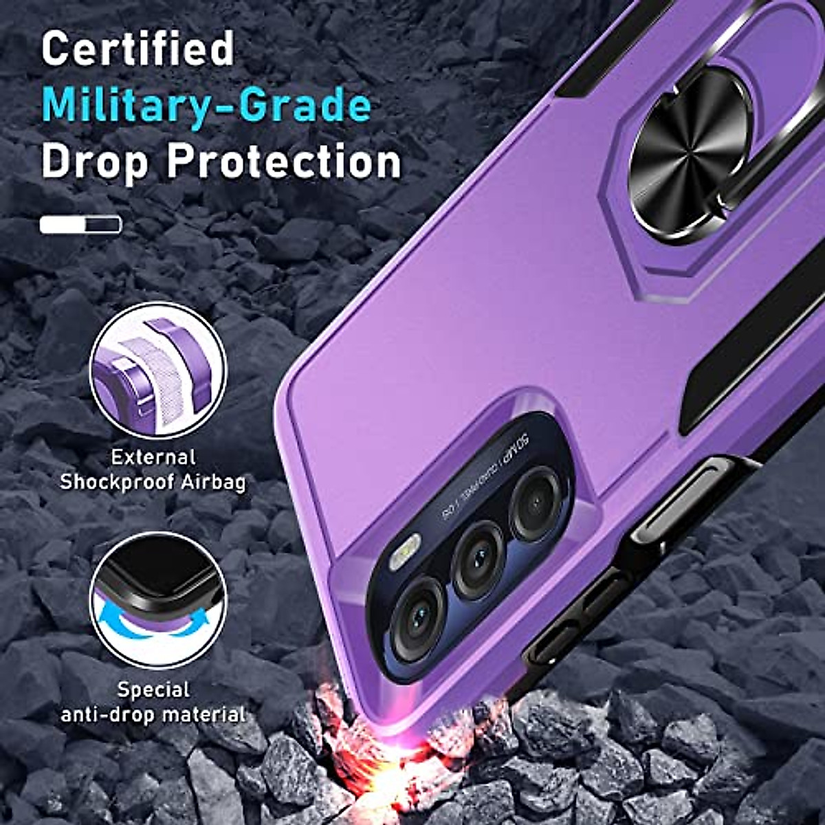 Janmitta Motorola Moto G 5G 2022 Case with Screen Protector[2 Pack], Heavy Duty Shockproof Full Body Protective Phone Cover,Built in Rotatable Magnetic Ring Holder Kickstand,Lavender