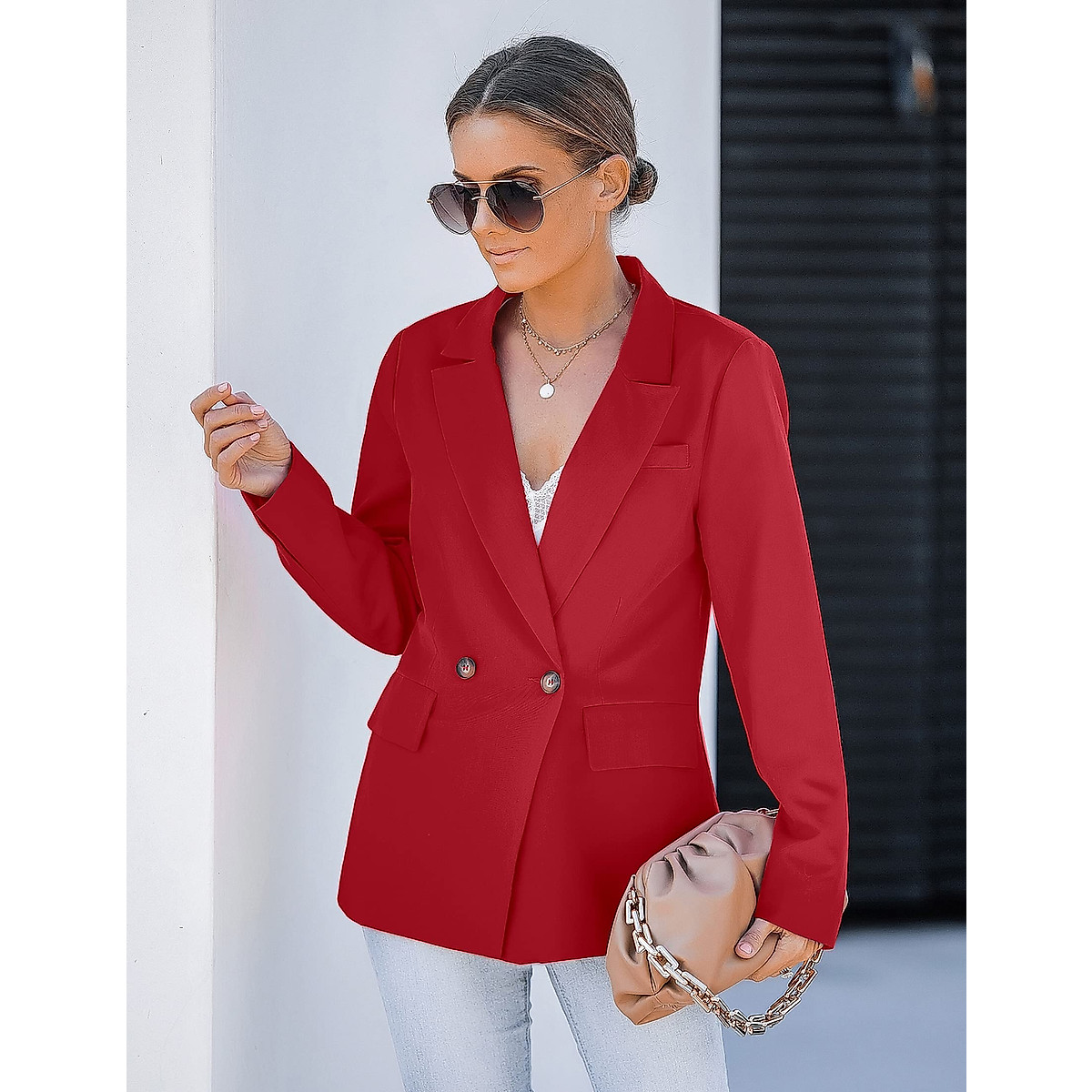 luvamia Women Casual Long Sleeve Lapel Oversized Work Blazer Boyfriend Jacket True Red Blazer for Women Plus Size Blazer Womens Casual Blazer Size X-Large Fits Size 16 / Size 18
