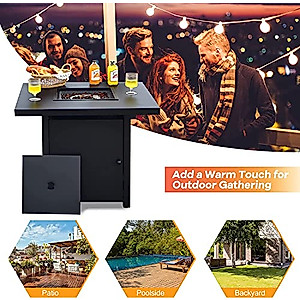 Renatone 25” Outdoor Fire Pit Table, 40,000 BTU Propane Fire Pit Table with Lid, Adjustable Flame, Fire Glass & CSA Certification, 2-in-1 Square Gas Firepit Table, for Patio, Balcony, Garden (Black)
