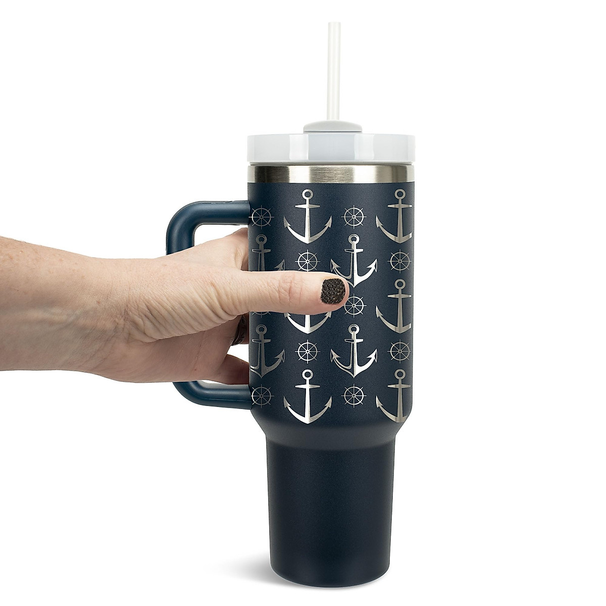 Elanze Designs Nautical Anchor Sailboat Helm Boat Life 40 oz. Stainless Steel, Large Water Bottle Coffee Mug, Spill & Leak Resistant, Thermal Travel Tumbler with Handle, Lid & Straw, Navy Blue