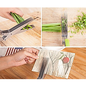 Joyoldelf Gourmet Herb Scissors Set - Master Culinary Multipurpose Cutting Shears with Stainless Steel 5 Blades, Herb Stripper, Safety Cover and Cleaning Comb for Cutting Cilantro Onion Salad