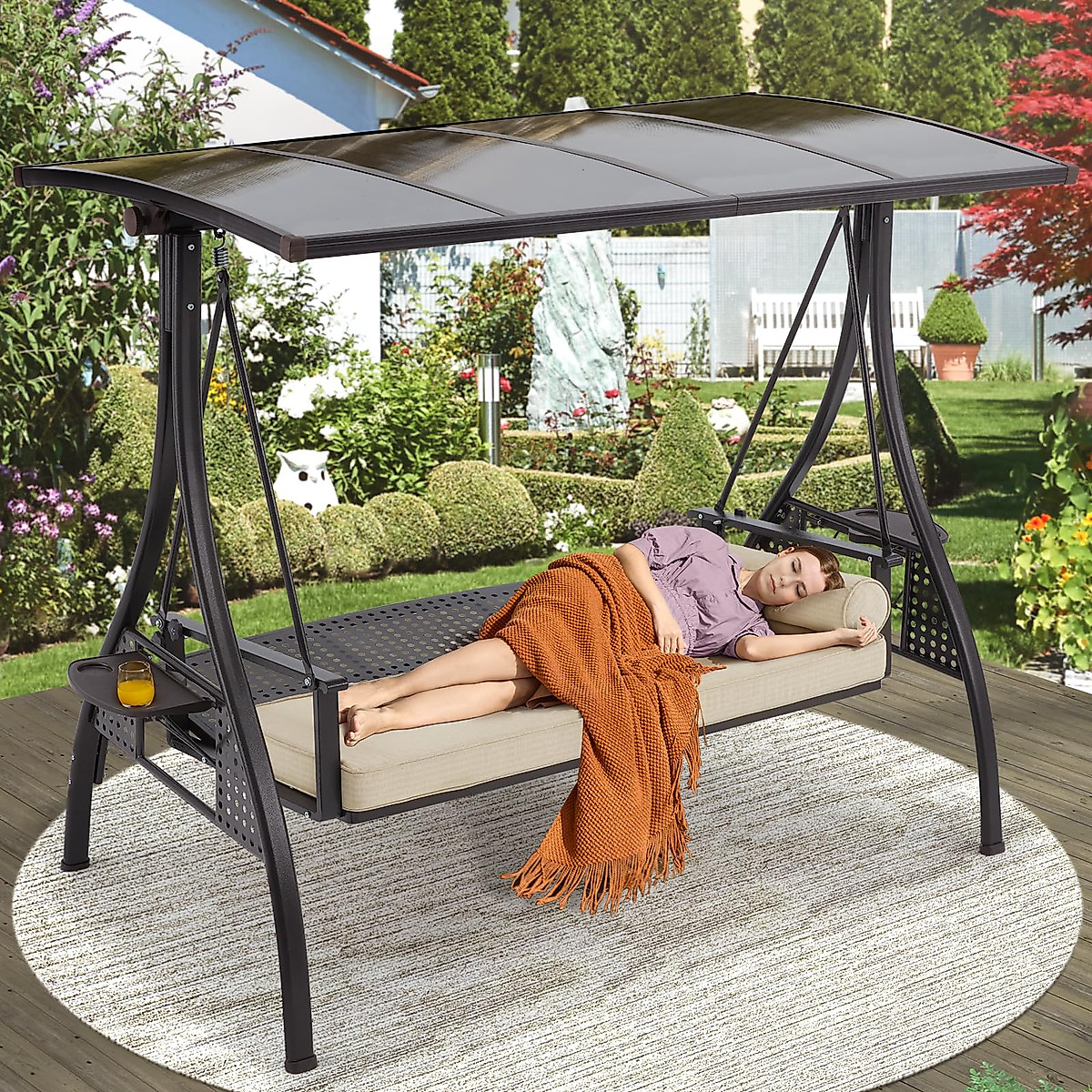 Suvivityse Outdoor Patio Adjustable Hardtop Porch Swing,3 Seat Patio Swing Bench 3-in-1 Convertible Swing Bed with Beige Cushions