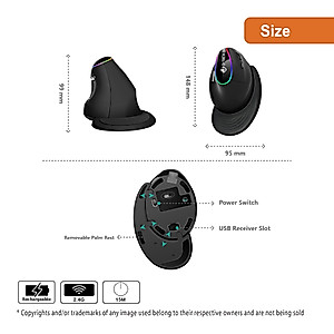 J-Tech Digital Ergonomic Mouse with Wireless Connection, Removable Palm Rest, Thumb Buttons, Rechargeable Battery, 800 DPI, Compatible with Windows and MAC OS