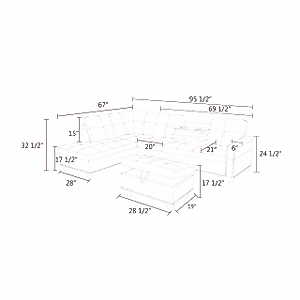 LOPOO 97" Linen Fabric L-Shaped Modular Sectional Sofa, Left-Facing Upholstered Couch with 69" Chaise Lounge, Button Tufted Design, Foldable Backrest with Cup Holders, Grey Living Room Furniture Set