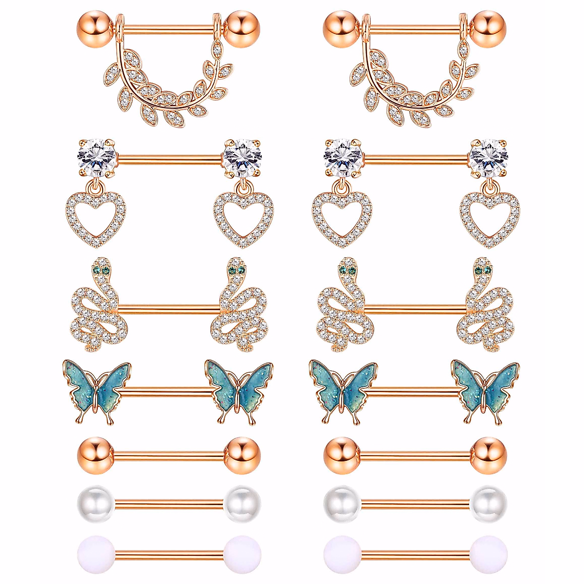 Besteel 𝟕 𝑷𝒂𝒊𝒓𝒔 Nipple Piercing Jewelry Stainless Surgical Steel Nipple Rings Set Cute CZ Ball Heart Butterfly Snake Tongue Belly Barbell Body Jewelry for Women 14G Rose Gold