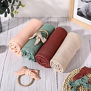 Tatuo 4 Pack Baby Swaddle Blanket Breathable Muslin Swaddle Blanket for Boys Girls, 4 Soft Elastic Baby Headbands with Hair Bows, 47 x 47 Inch Receiving Blanket for Newborn Infant(Light Color)