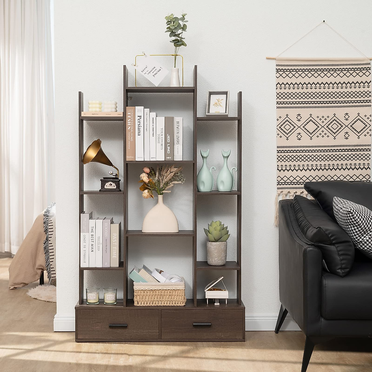 WEENFON Unique Bookcase with 1 Large Drawer, Tree-Shaped Bookshelf with 12 Storage Shelves, Open Standing Ladder Shelf, Bookshelf for Bedroom, Living Room, Office, Dark Brown