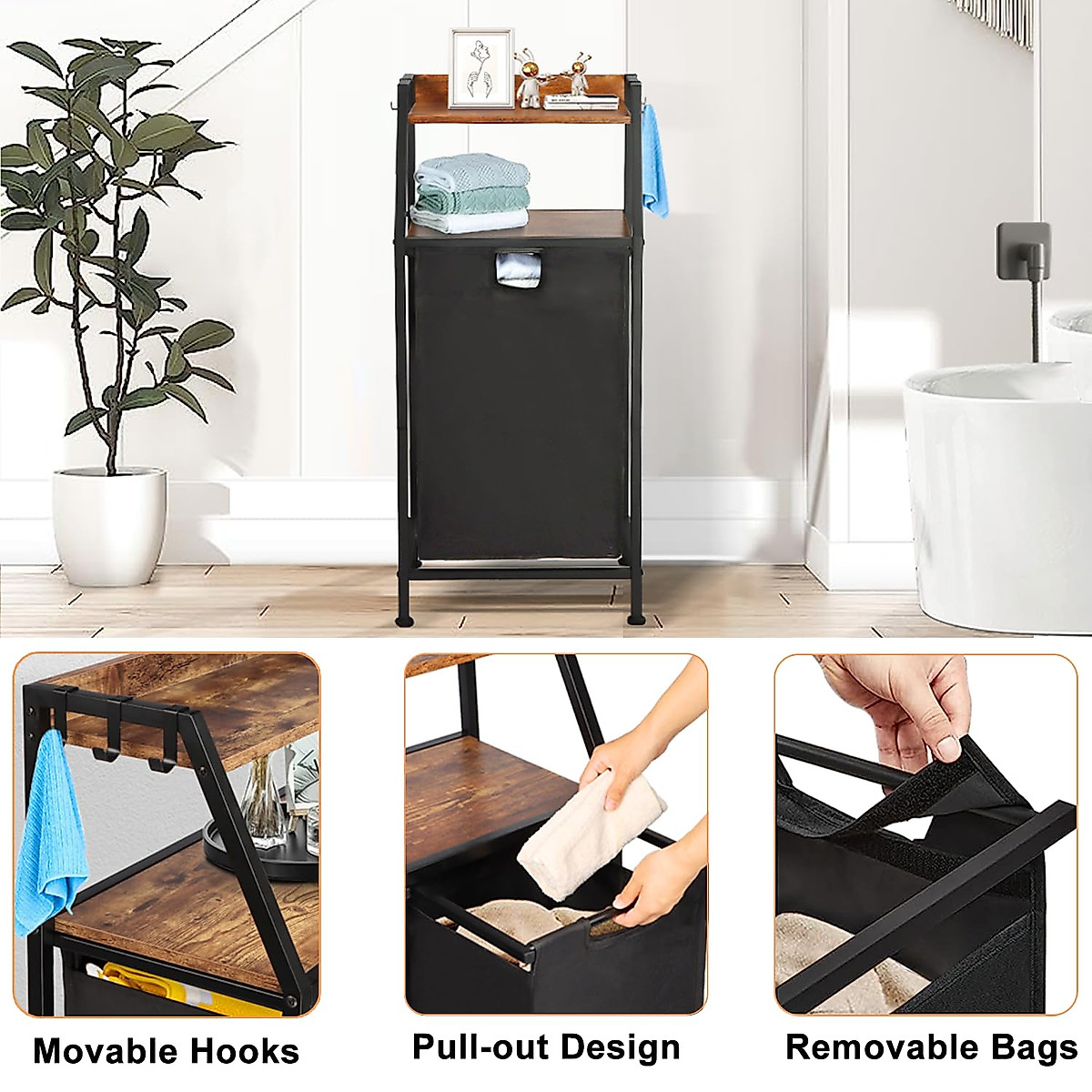 Timberer Laundry Hamper, Laundry Sorter, Rolling Laundry Basket with Wheels, 2 Shelves, 16.9 Gal(64L), Pull-Out and Removable Laundry Bags, for Laundry Room, Black and Rustic Brown