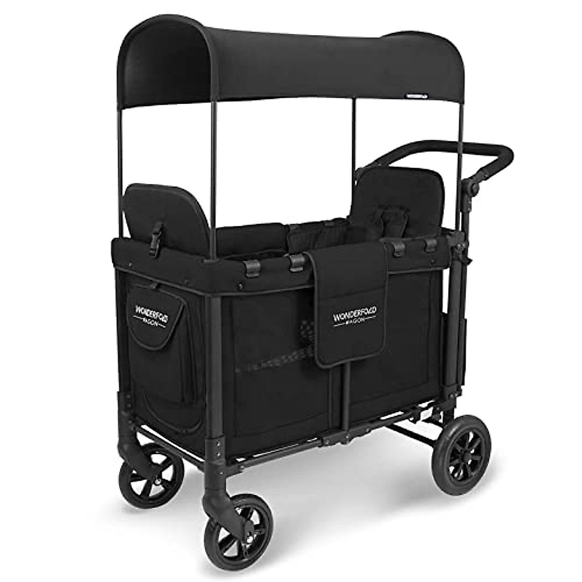 WONDERFOLD W2 Original + Stroller Wagon (2 Seater) - Collapsible Wagon Stroller with Seats with 5-Point Harnesses, Easy-Access Door, and Adjustable Sun Canopy, Black