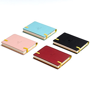 Fdesign A7 Mini Notebook Set, 4 Pack, Pocket Notebook, Thermo Leather Hard Cover, 2.9" x 4.1", 96 Sheets, 80 gr ivory plain papers, 4 Colors (red+black+pink+blue)