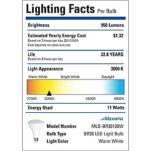 Maxxima LED 75 Watt Equivalent BR30 Indoor Recessed Floodlight Can Light Bulb - Flicker-Free Dimmable, 11 Watt 3000k Warm White Bulb, 950 Lumens, Energy Star - 4 Pack