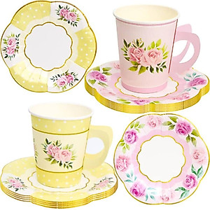 ceiba tree Floral Paper Disposable Tea Cups with Handle and Saucers Tea Party Decorations Favors 24 Sets for Girls Women Flower Birthday Baby Shower Wedding Party Supplies