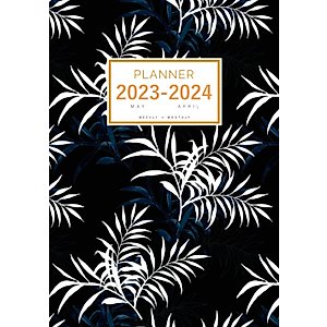 Planner 2023-2024: A5 Small Weekly and Monthly Organizer from May 2023 to April 2024 | Dark-Light Tropical Plant Leaf Design Black