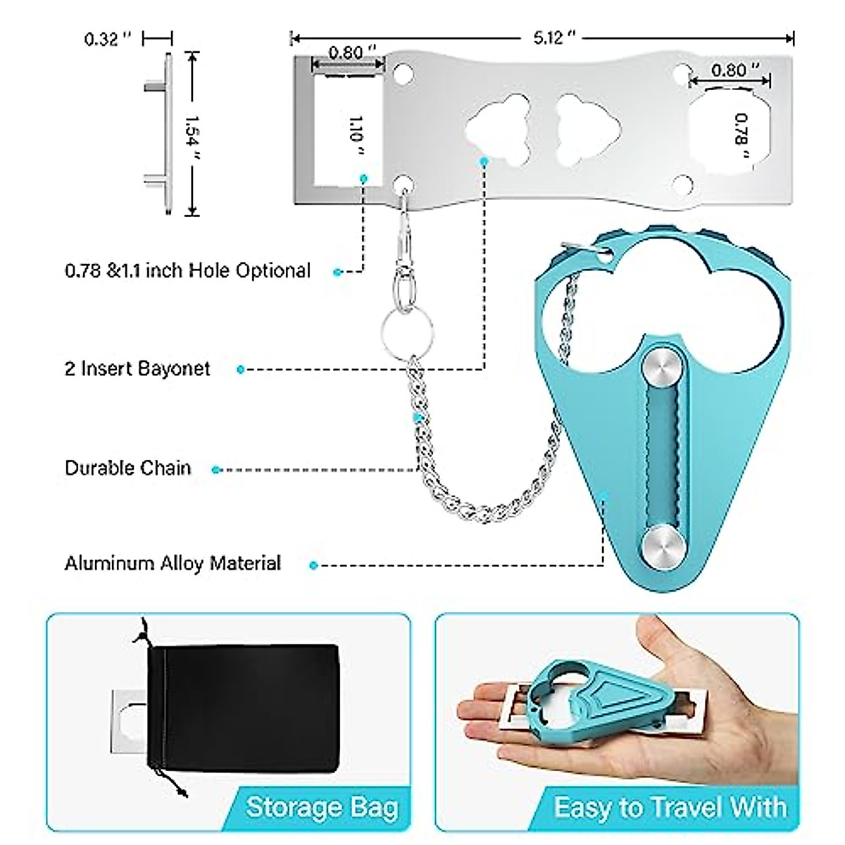 Portable Door Lock, Hotel Door Locks for Travelers Metal, Prevent Unauthorized Entry, Apartment Essentials, Home Security, Traveling Essentials, Blue