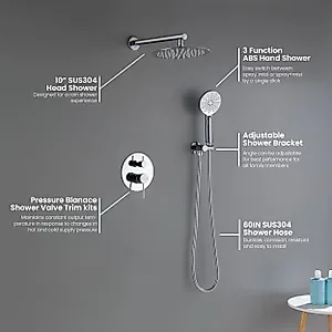 KIBI 2-Function Wall Mounted Circular Bathroom Shower System | Solid Brass Pressure Balanced Shower Faucet Set with High Flow Showerhead and Handheld Spray for Bathroom (Chrome, KSF403)