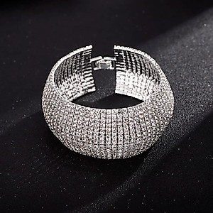 Denifery Crystal Rhinestones Cluster Wide Bangle Bracelet Rhinestone Stackable Stretch Bracelets for Women (Silver)